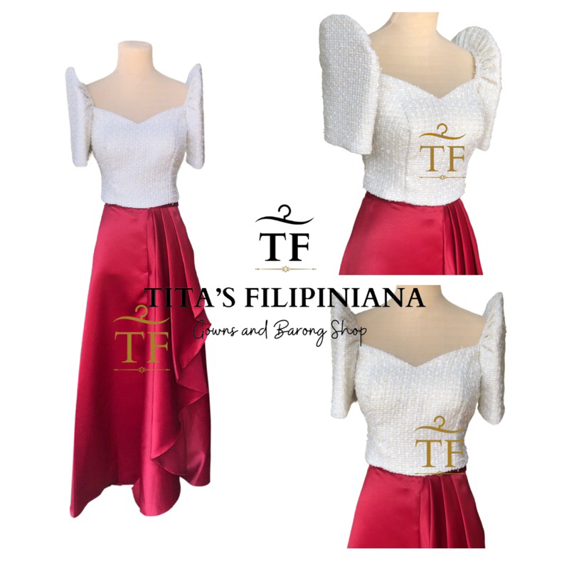 Modern Filipiniana Cream Top with Maroon Overlap Skirt | Shopee Philippines