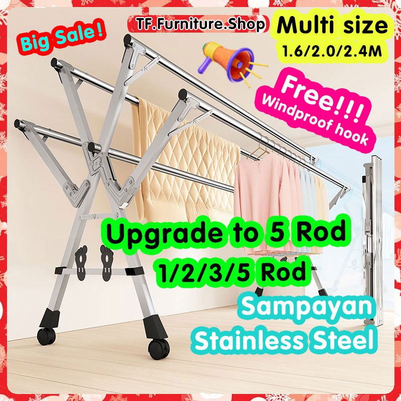 5 Rod Foldable Sampayan Stainless Hanger Stand Clothes Rack Drying Rack ...