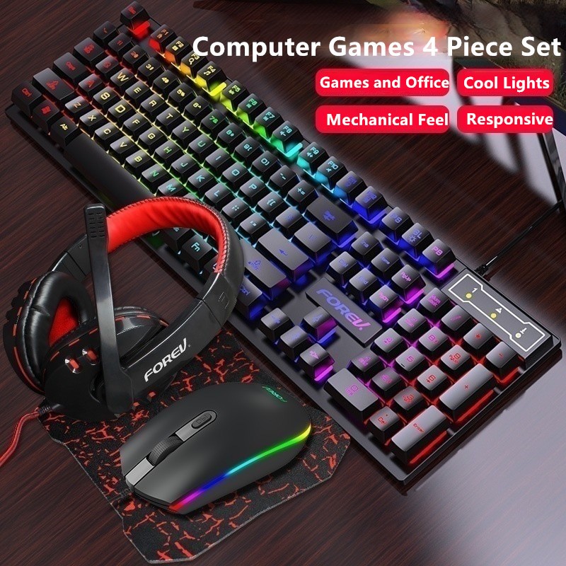 4 piece computer games USB wired keyboard mouse set RGB backlit ...