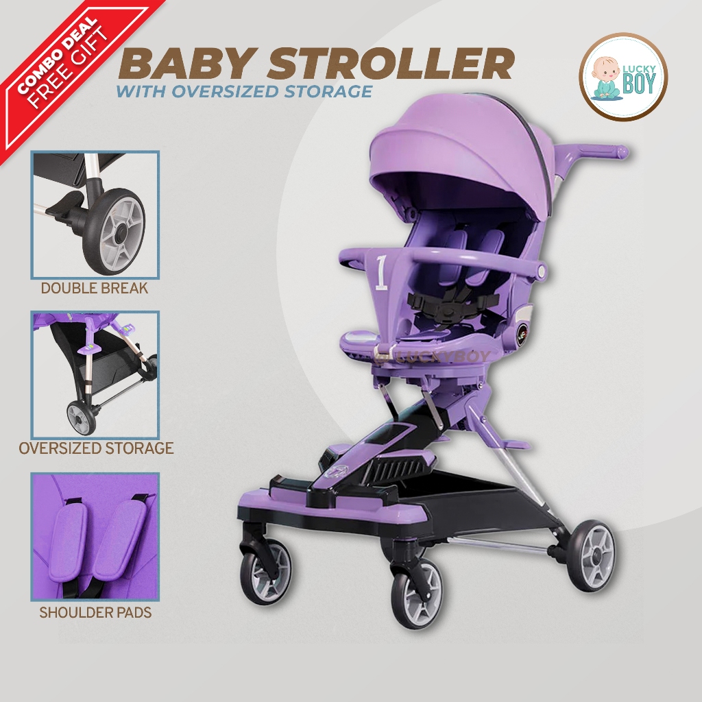 Baby Stroller Purple with Oversized Storage Basket and Canopy | Shopee ...