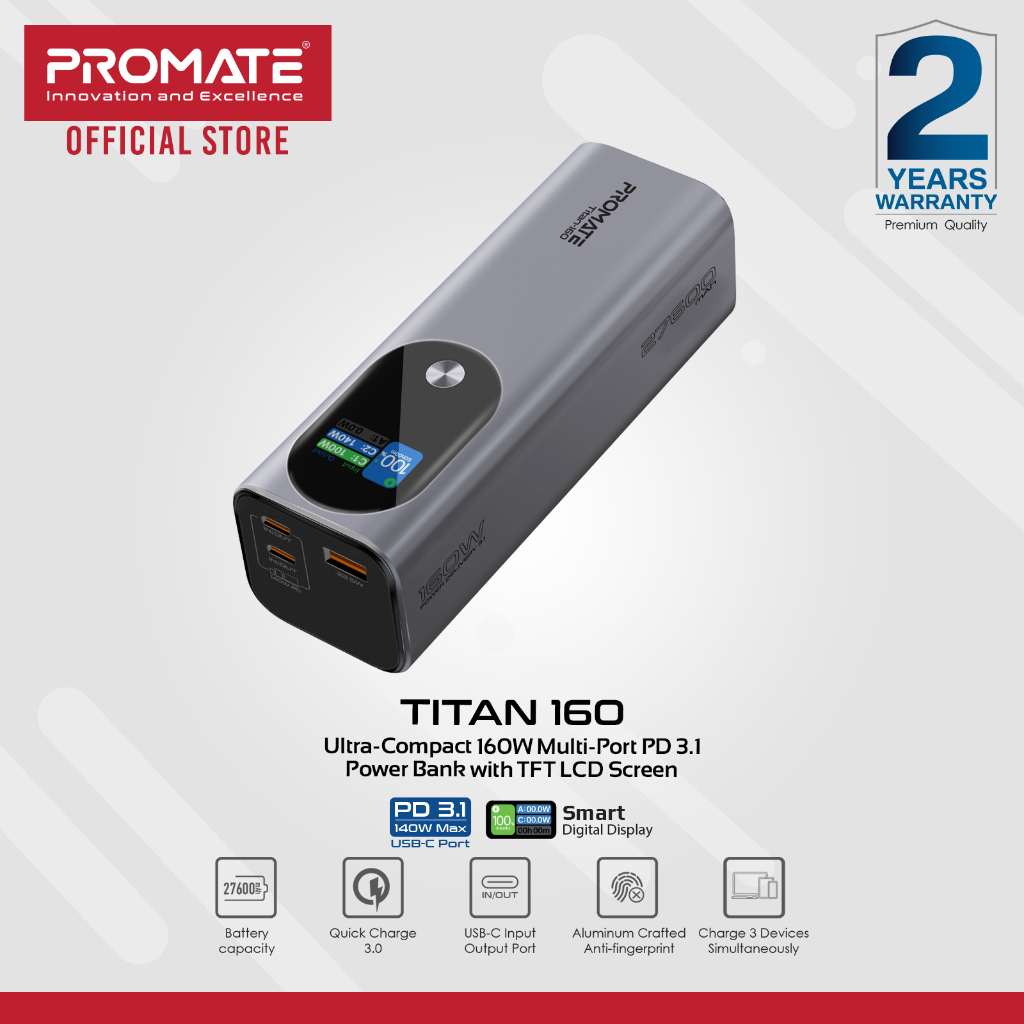 Promate Titan-160 Ultra-Compact 160W Multi-Port PD 3.1 Power Bank with ...