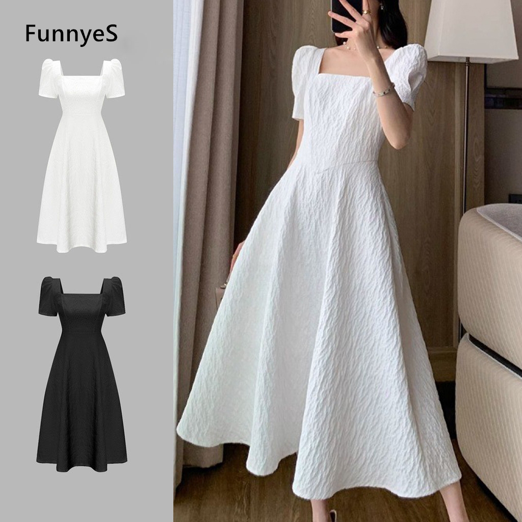 White Casual Dress For Woman Elegant Plain Short Sleeve Square Neck ...