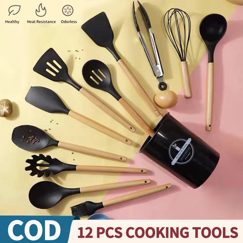 12PCS Silicone Kitchen Utensils Cooking Set Wooden Handle Spatula Soup ...