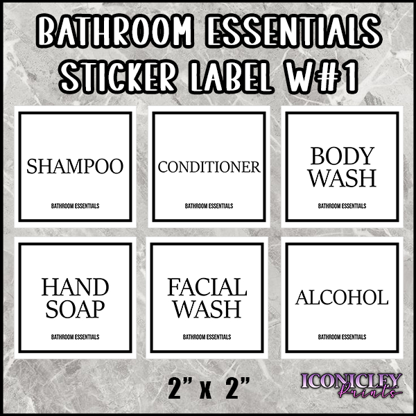 BATHROOM LABEL ESSENTIALS - WHITE#1 [2.” x 2”] Waterproof Vinyl Sticker ...