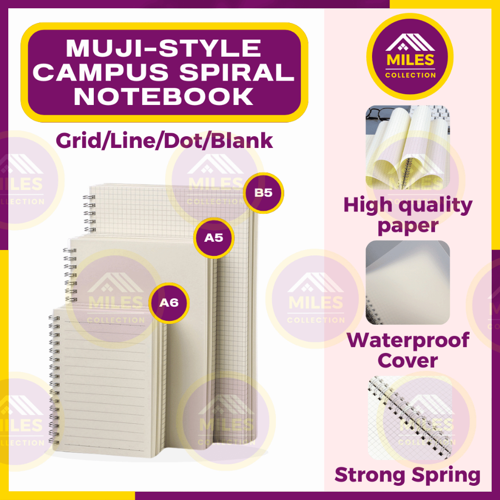 MILES Muji Style Campus Spiral Notebook A5 A6 B5 Spring Lined Blank and ...