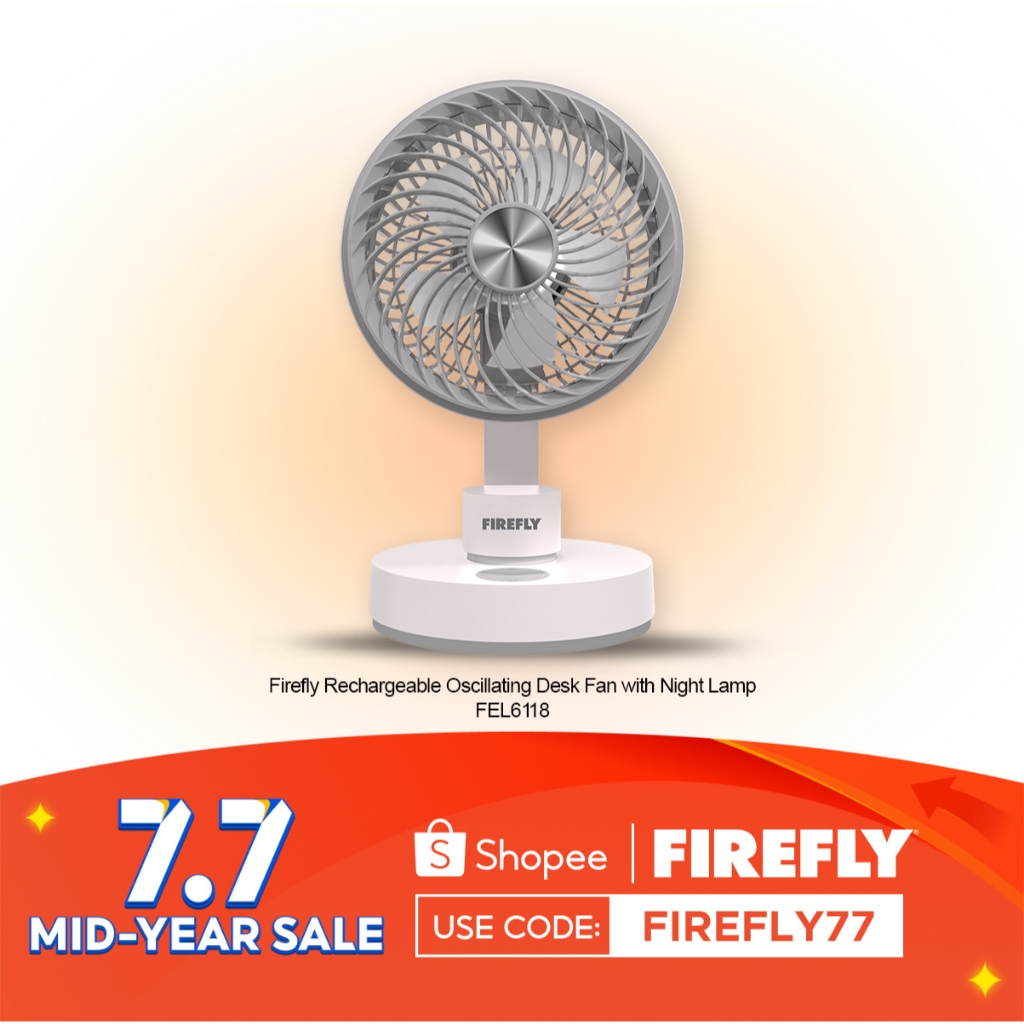 Firefly Rechargeable Oscillating Desk Fan with Night Lamp | Shopee ...