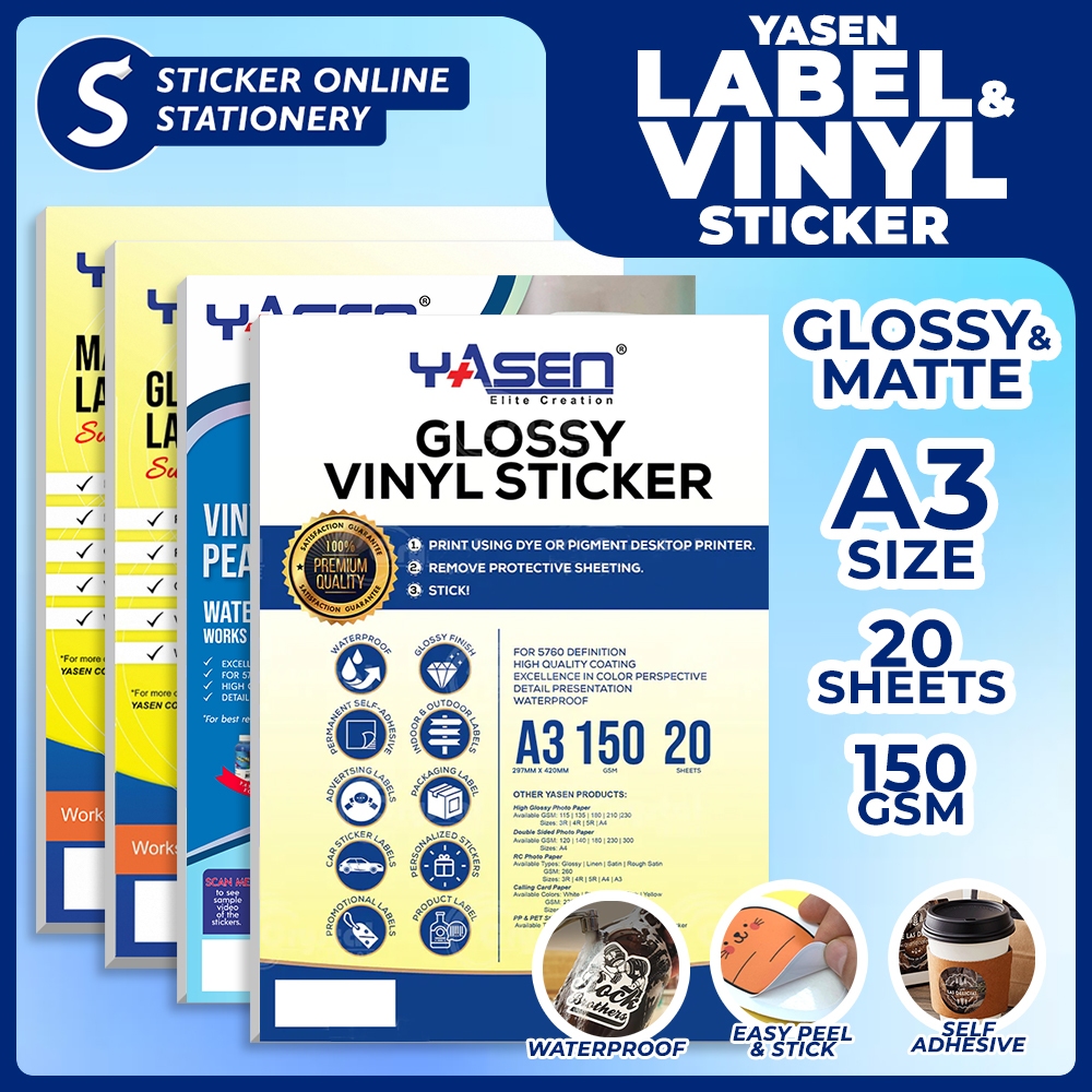 Yasen A3 Label & Vinyl Sticker Paper Matte/Glossy 150GSM 20sheets per ...
