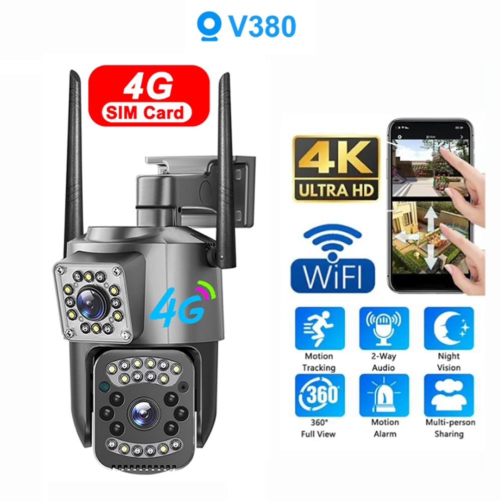 V380 Pro 4G SIM CCTV 8MP 4K Camera Outdoor Dual Lens Dual Screen 10X ...