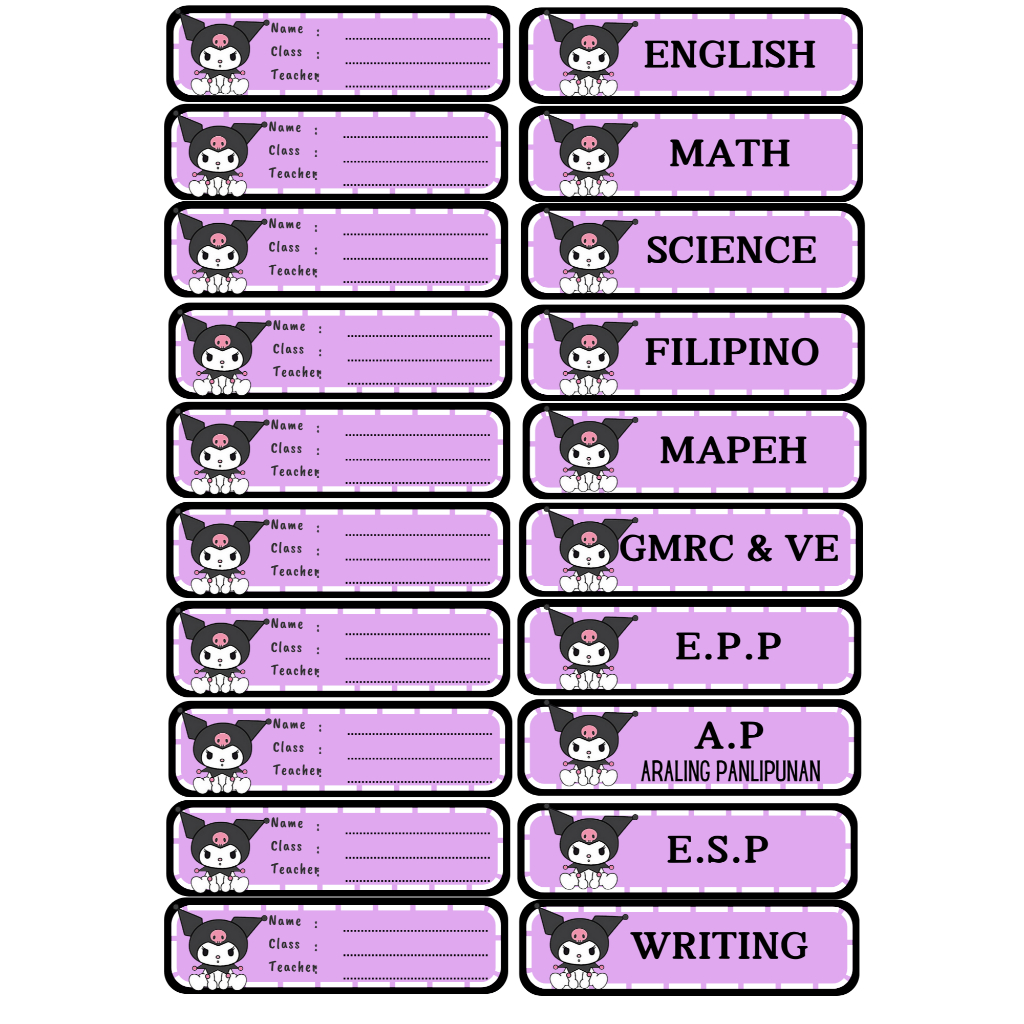 KUROMI 10 PCS NAME LABEL WITH 10 PCS SUBJECT LABEL STICKER | Shopee ...