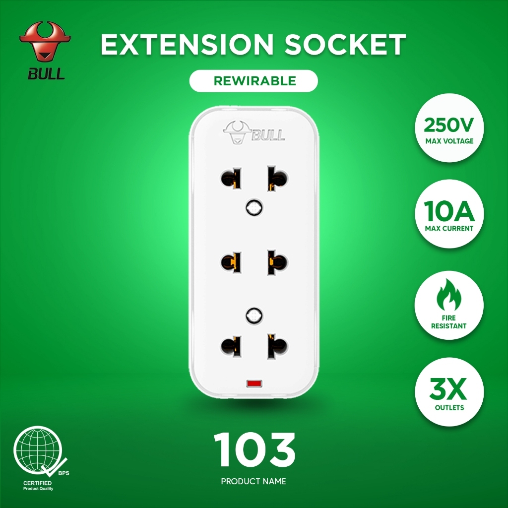 LIGHT UP X Bull Rewireable Extension Socket 103 Outlet 2500W 3 Outlets ...