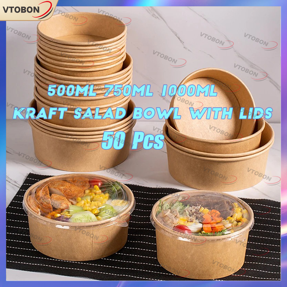 50 pcs Kraft Salad Bowl Disposable Round Paper Salad Bowls with Lids ...