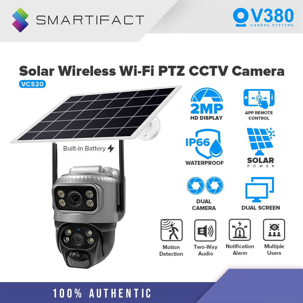 V380 VCS20 Solar-Powered IP66 Waterproof Dual Lens Surveillance Camera ...