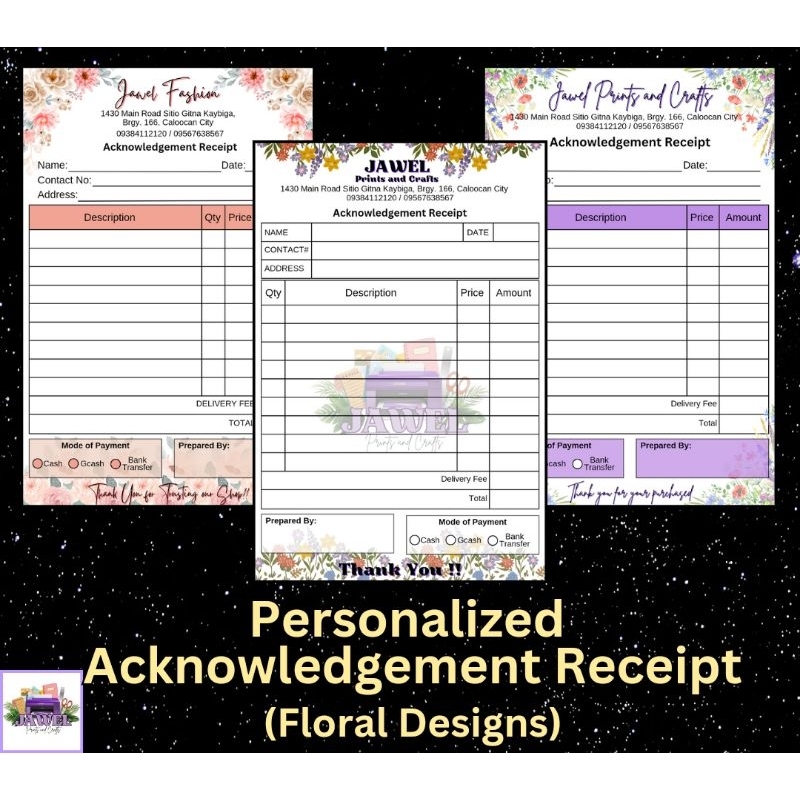 Personalized Acknowledgement Receipt (FLORAL DESIGNS) 4x6inches ...