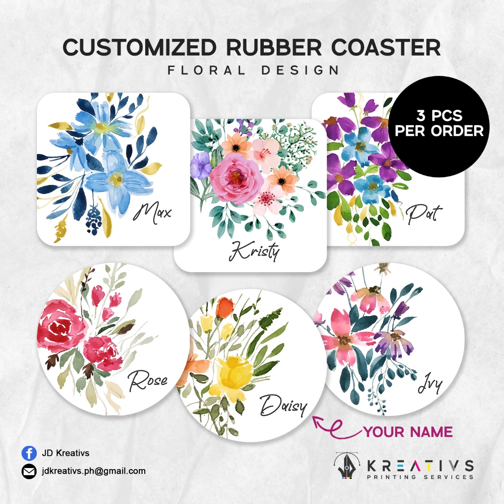 3 PCS Floral | Customized Rubber Coaster | JD Kreativs | Shopee Philippines
