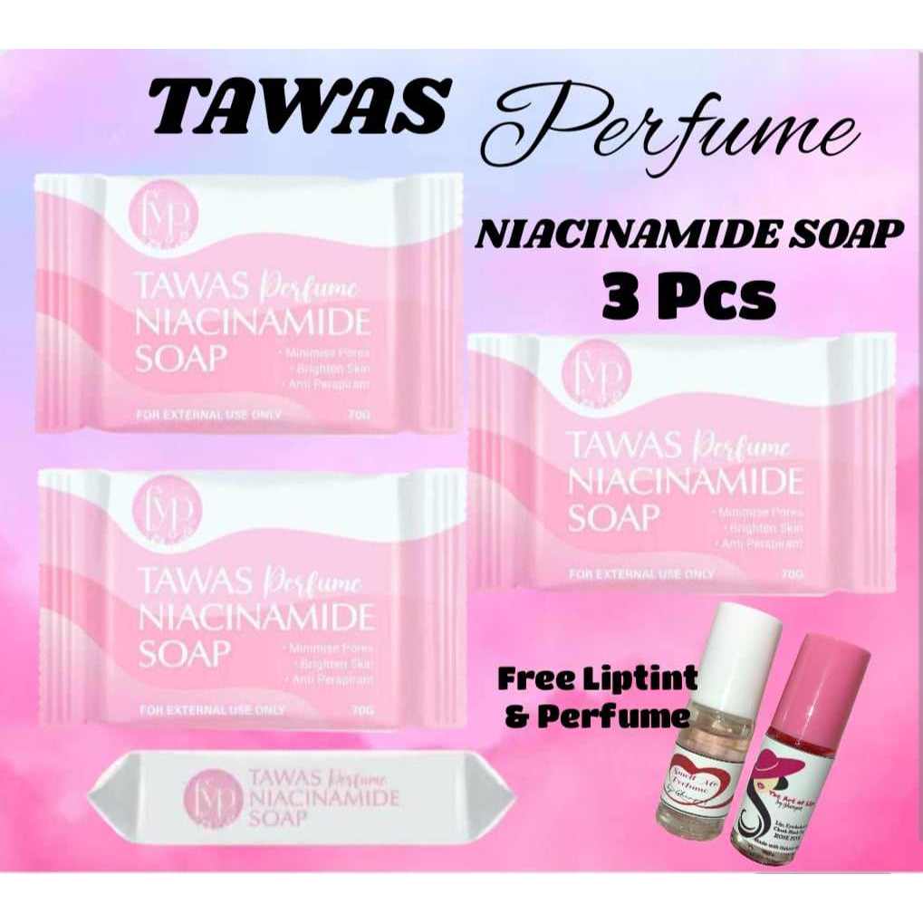 (3 PCS FOR 129) FYP TAWAS PERFUME NIACINAMIDE SOAP 70G FREE LIPTINT AND ...