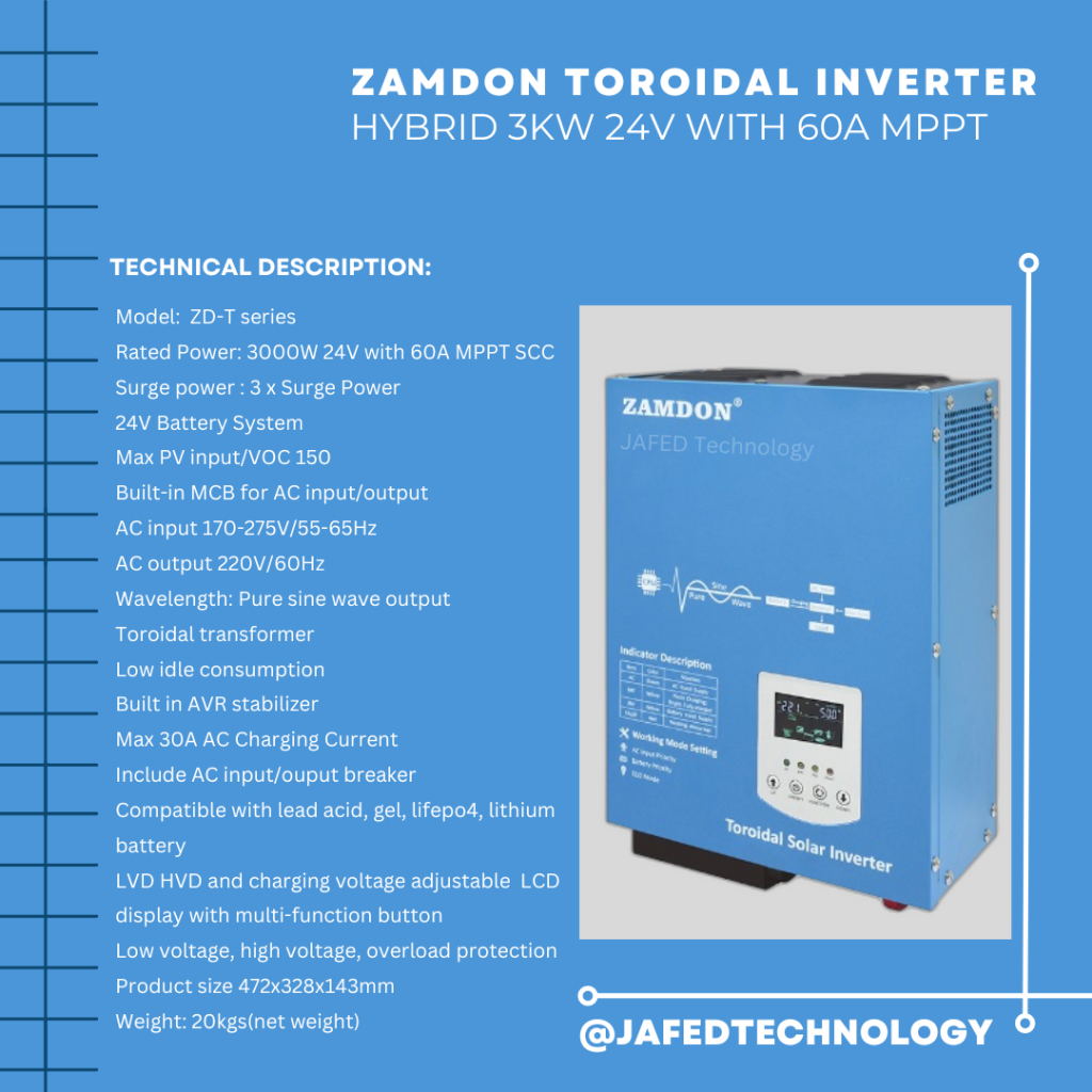 3kw 24V ZAMDON Toroidal Hybrid Power Inverter with Built-in 60A MPPT Solar Charge Controller ...
