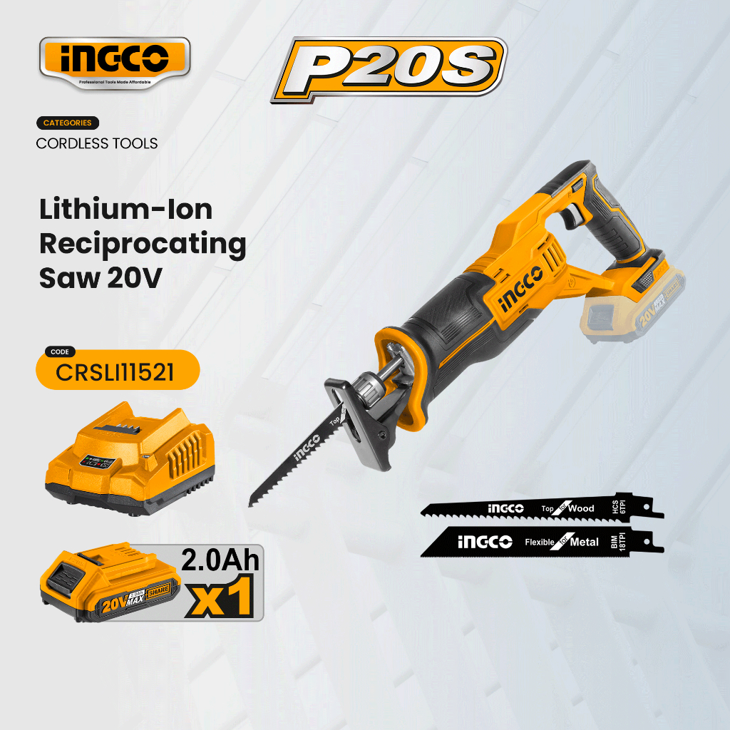 Ingco 20V Lithium-Ion Cordless Reciprocating Saw Pruner with Blade for ...