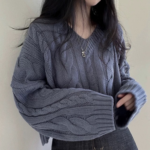 Jolly Chic V-neck Long Sleeve Braided Pattern Woolen Knitted Loose Top ...