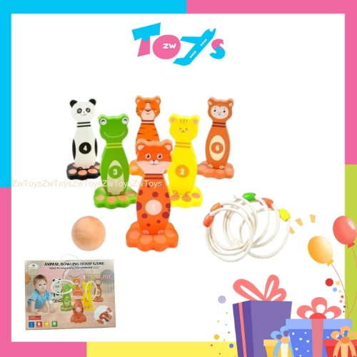 Gift Set Wooden Bowling Hoop Set Kids Indoor Outdoor Animals Playset ...