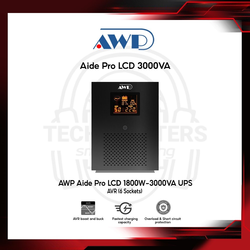 AWP Aide Pro LCD 1800W-3000VA UPS with AVR Uninterruptible Power Supply ...