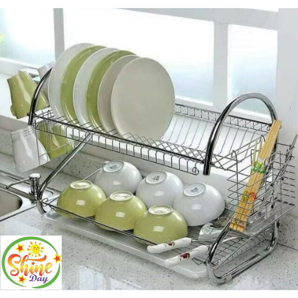 LUCKYU Dish Rack Double Layer Plate Bowel Cup Dish Drainer Rack Plate ...