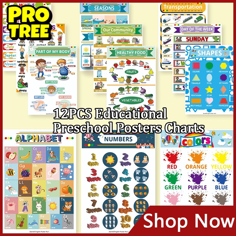 12PCS Educational Preschool Posters Charts for Preschoolers Toddlers ...