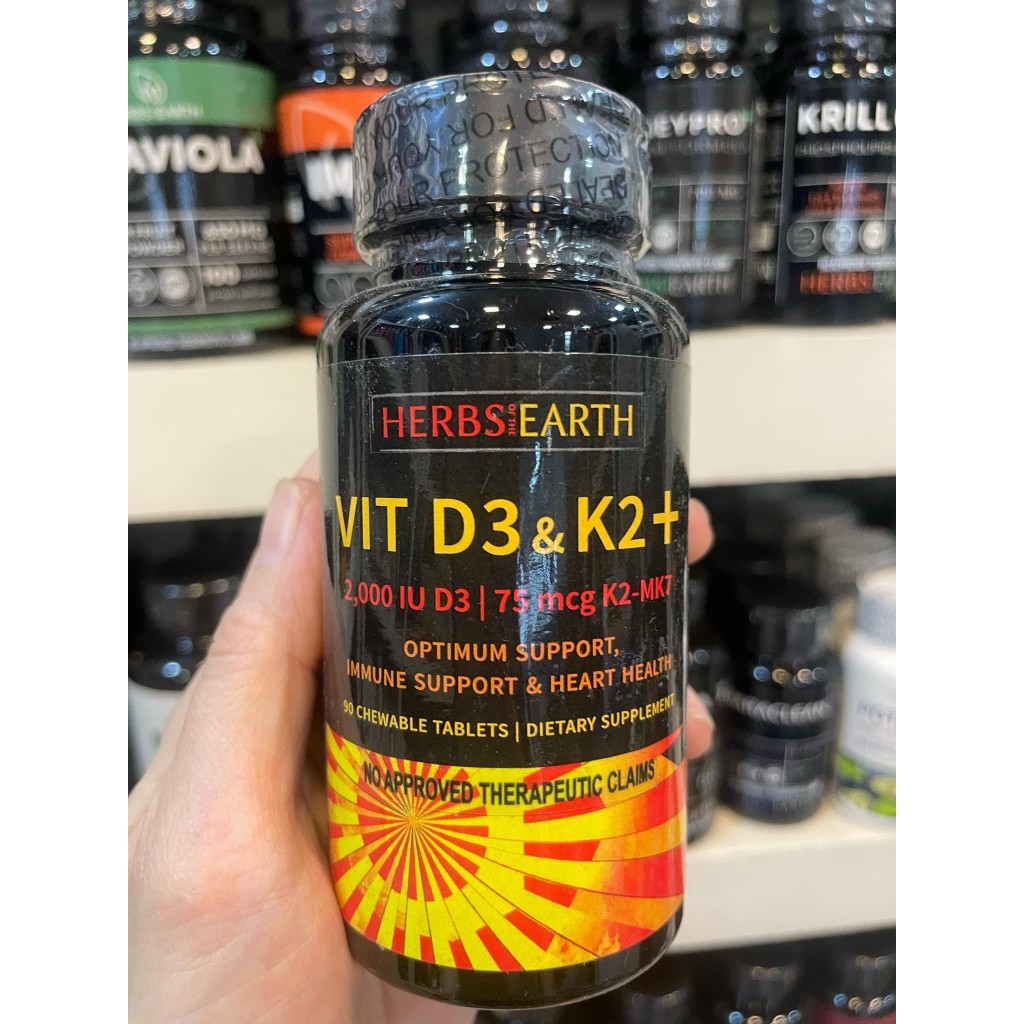 Herbs of the Earth Vit D3 & K2+ 2,000 IU D3 | 75 mcg K2-MK7 90 Chewable ...