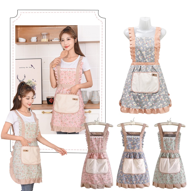 Floral Ruffled Cotton Waterproof Apron Suitable For Home And Kitchen ...