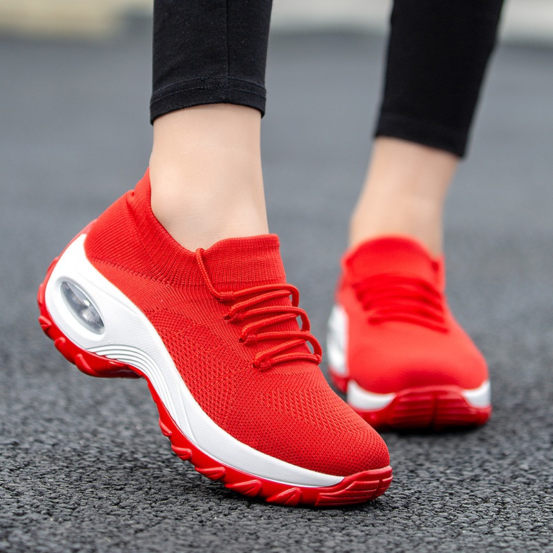Hot Seller Lace Up Red Rubber Shoes For Women Fly Knitting Sneaker Low ...
