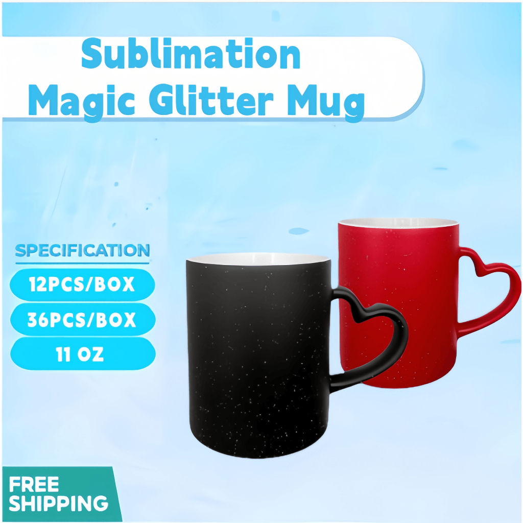 QUAFF Sublimation Magic Glitter Mug BOX with Heart Handle Red / Black ...
