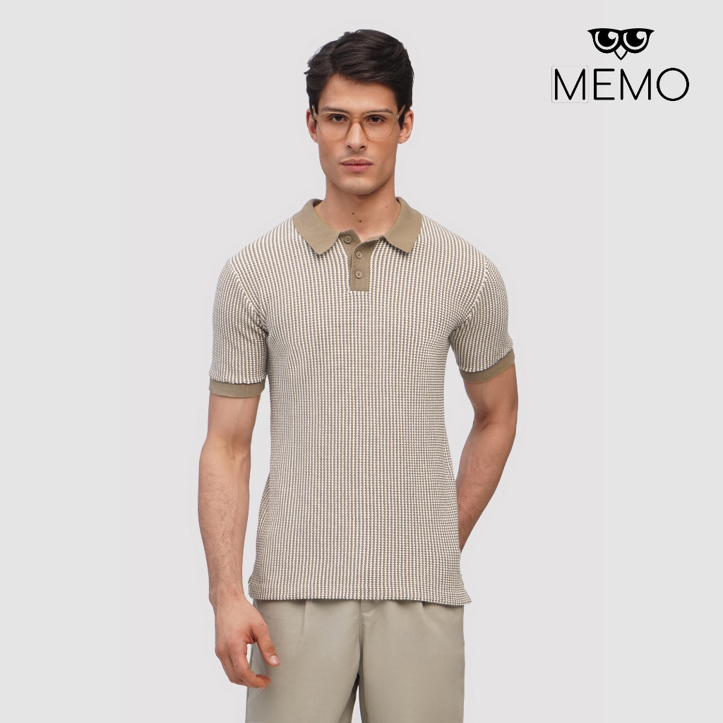 Memo Textured Flat Knit Polo With Contrast Ribbing For Men (Burnt Olive ...