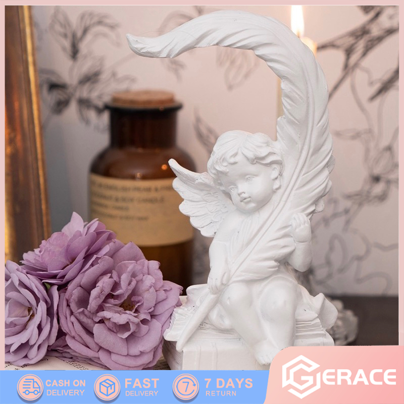 European Retro Resin Baby Angel Leaf Pair Wings Sculpture Desk Shelf ...