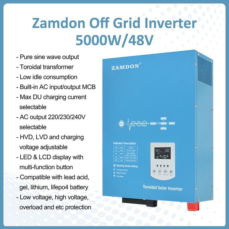 Zamdon Toroidal Off Grid Inverter 48V 5000W with AC input/output MCB ...
