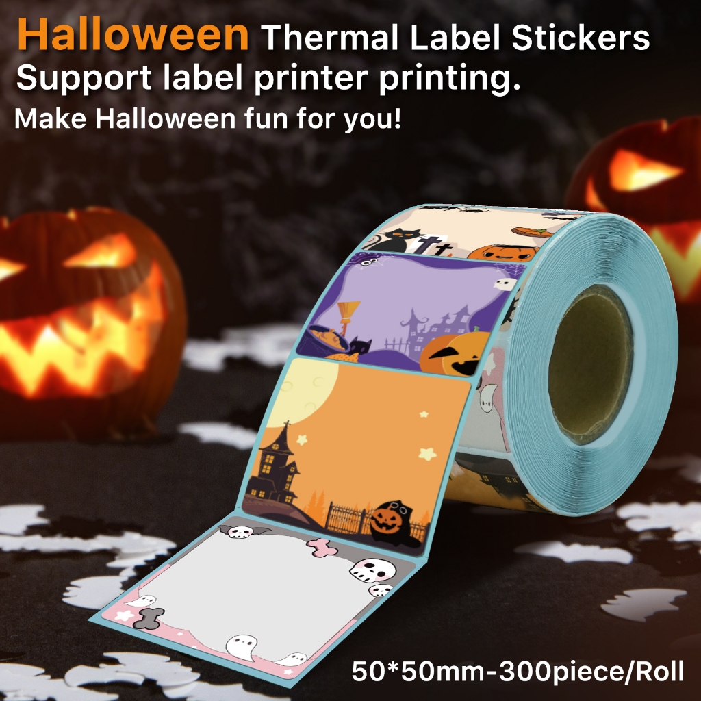 Halloween Thermal Square Stickers 50x50 Sticker Label Self-Adhesive Tag ...