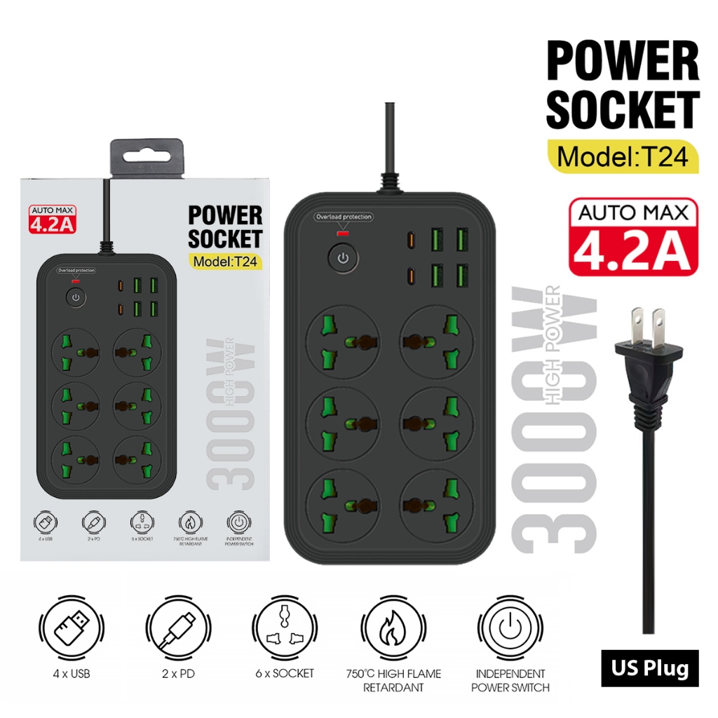Universal 3000w Power Socket US Plug Power Strip 6Outlet&4USB Fast ...