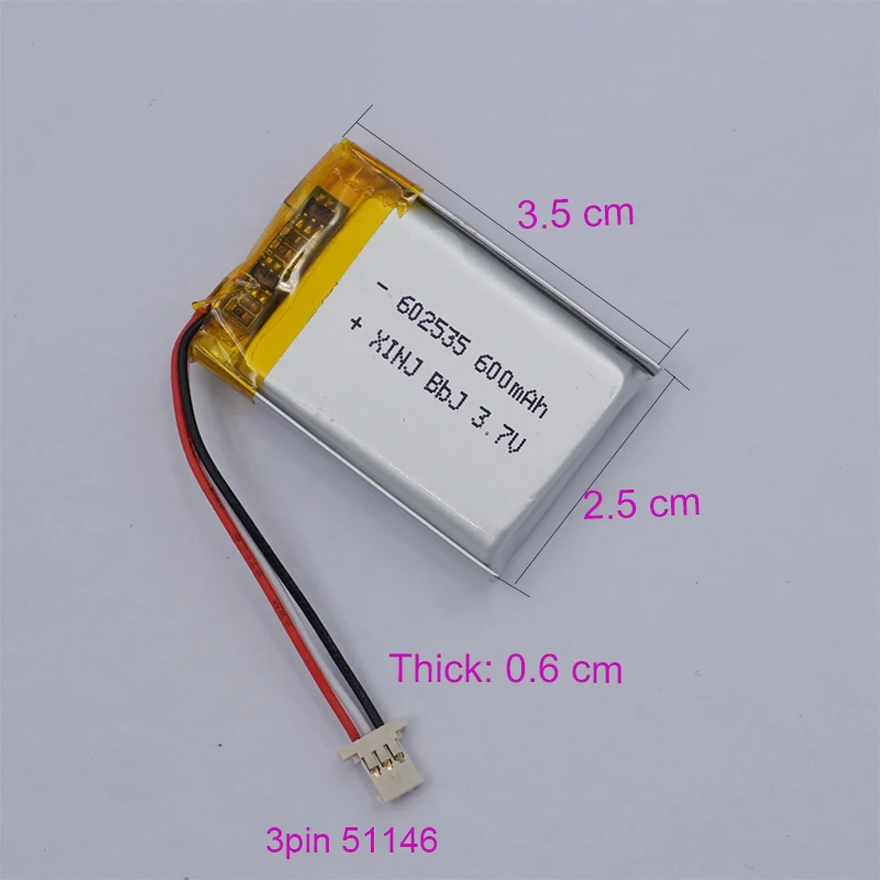 602535 3.7V 600mAh 2.22Wh Polymer Rechargeable Li Lithium Lipo Battery ...