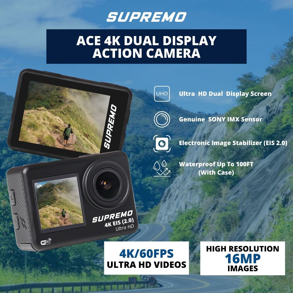 Supremo Ace 4K Dual Display Waterproof Action Camera 4K/60FPS Remote ...