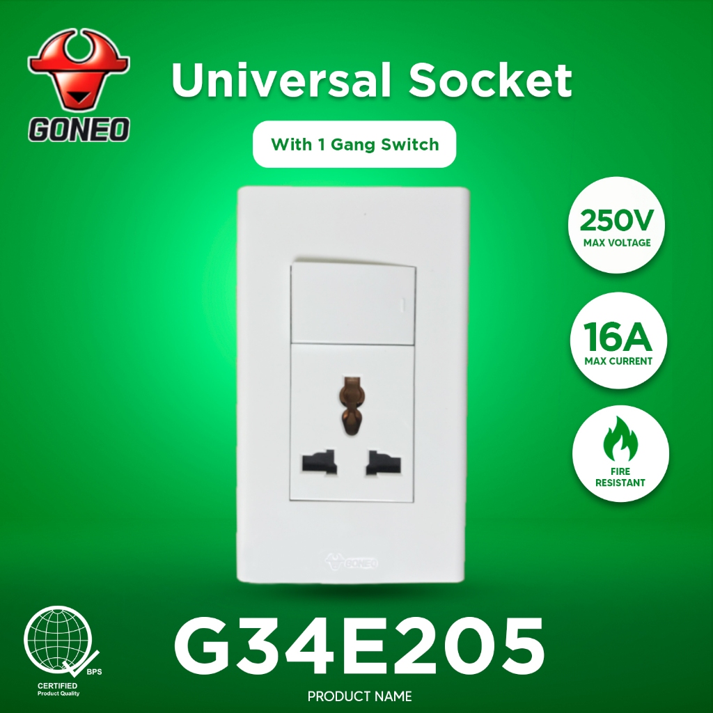 GONEO 1 Way Switch & 3 Prong Universal Socket 16A G34E205 | Shopee Philippines
