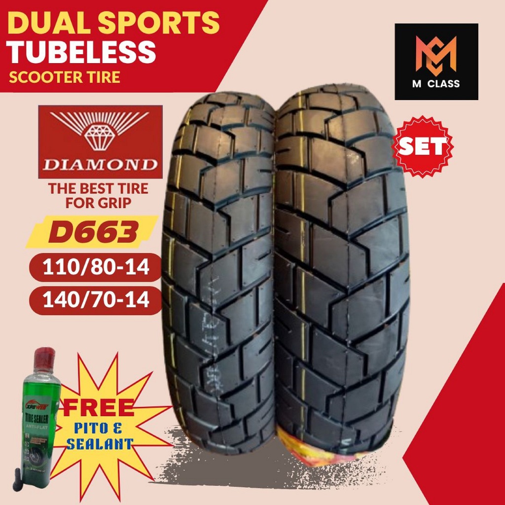 SET R14 D663 DUAL SPORTS TUBELESS TIRE FOR AEROX 155, PCX150; SUPER 8 -DIAMOND TIRE 140/70 & 110 ...