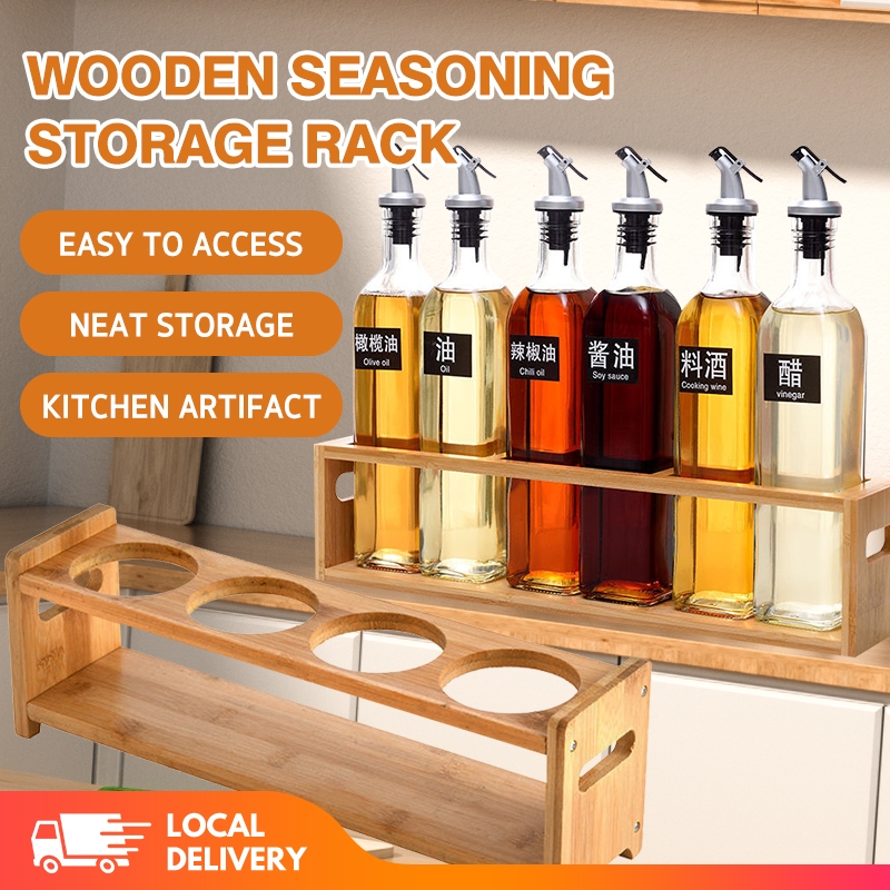 Kitchen Condiment Bottle Wooden Rack Bamboo Wood Shelf Oil Bottle Rack ...