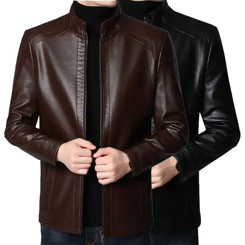 Men's Leather Jacket Stand Collar PU Leather Jacket Motorcycle Riding ...