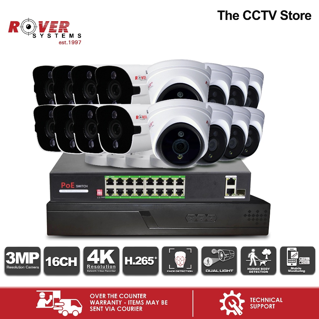 Rover Systems 16CH NVR with POE Switch +16 units 3MP PoE Dual Light IP ...