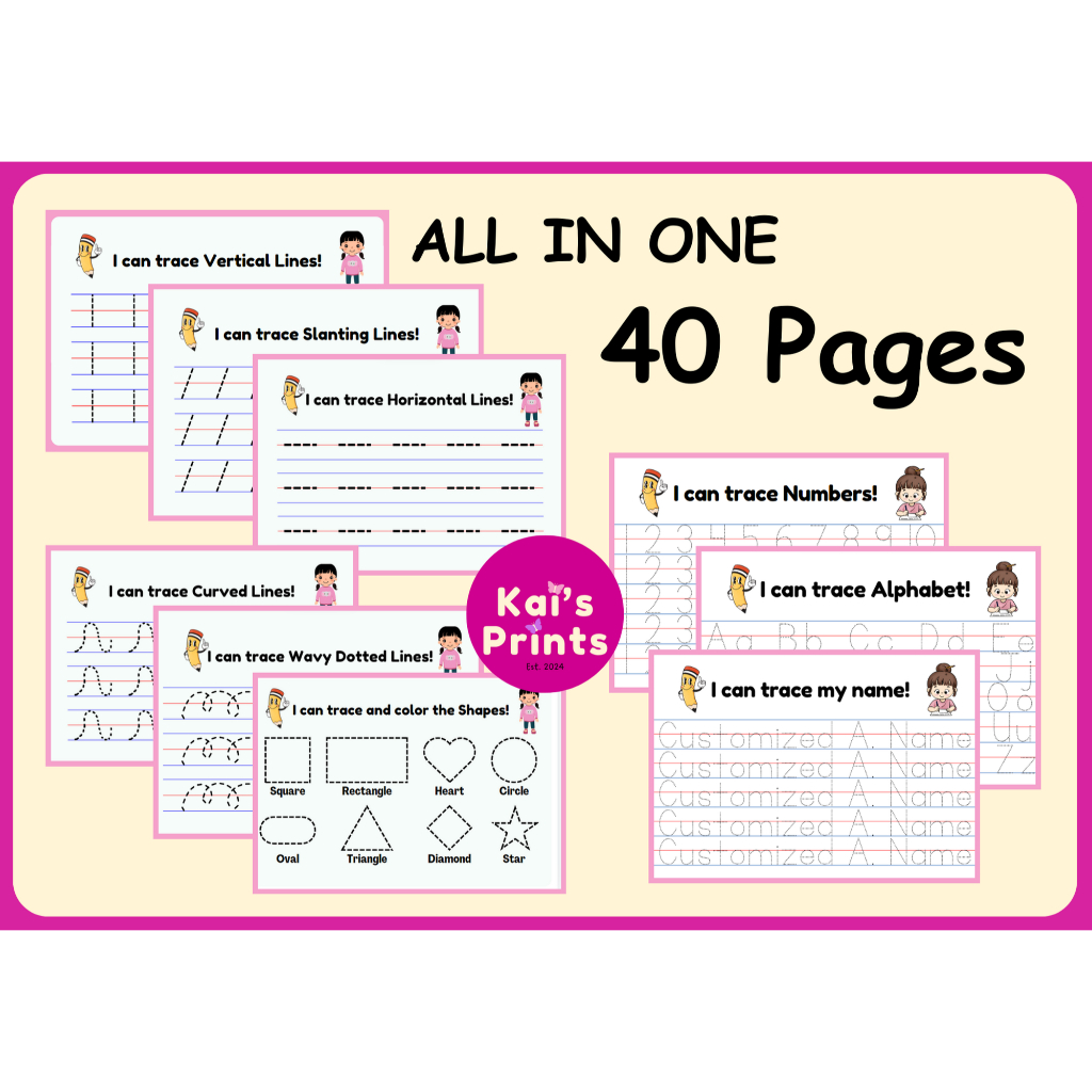 Customized Tracing Pad 40pages (Alphabet, Numbers, Name, Vertical ...