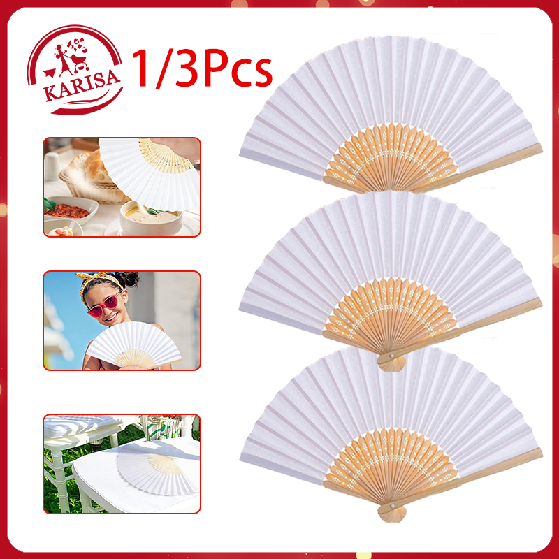 3Pcs Wedding White Folding Handheld Paper Fans DIY Blank Painting Paper ...