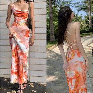 orange backless dress floral sleeveless long dress for women summer ...