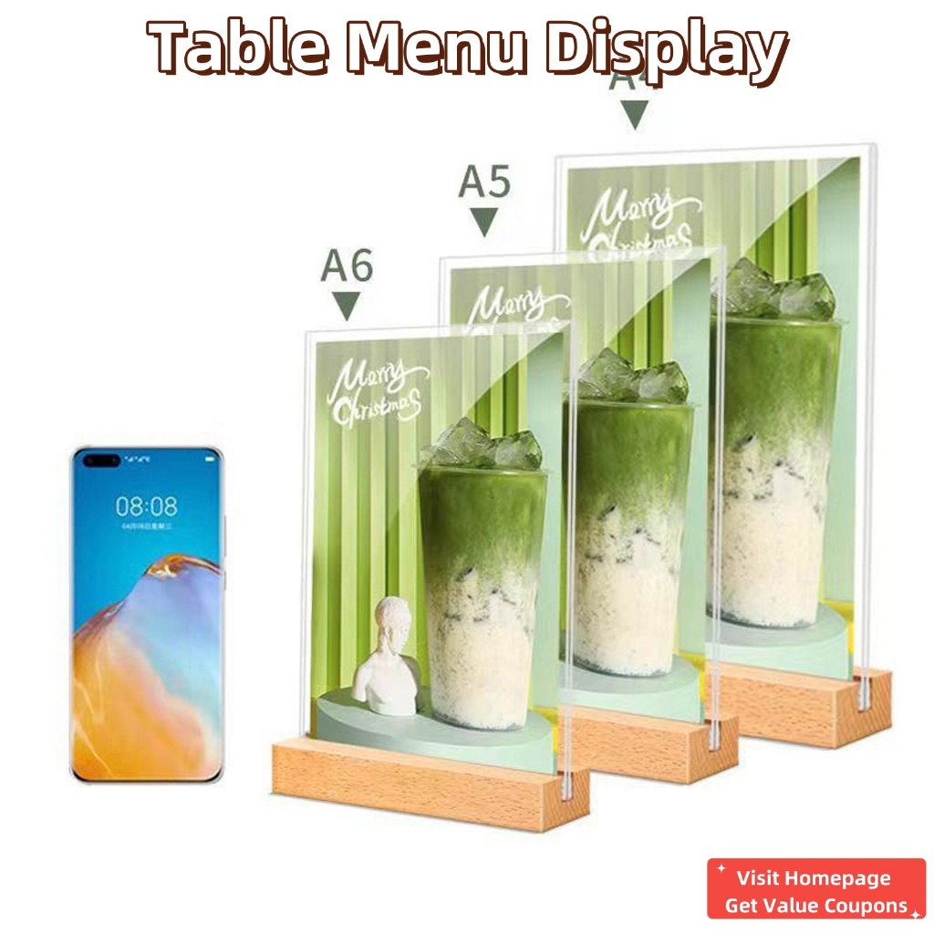 A4/A5/A6 Table Menu Display Stand with Wooden Base Clear AD Poster ...