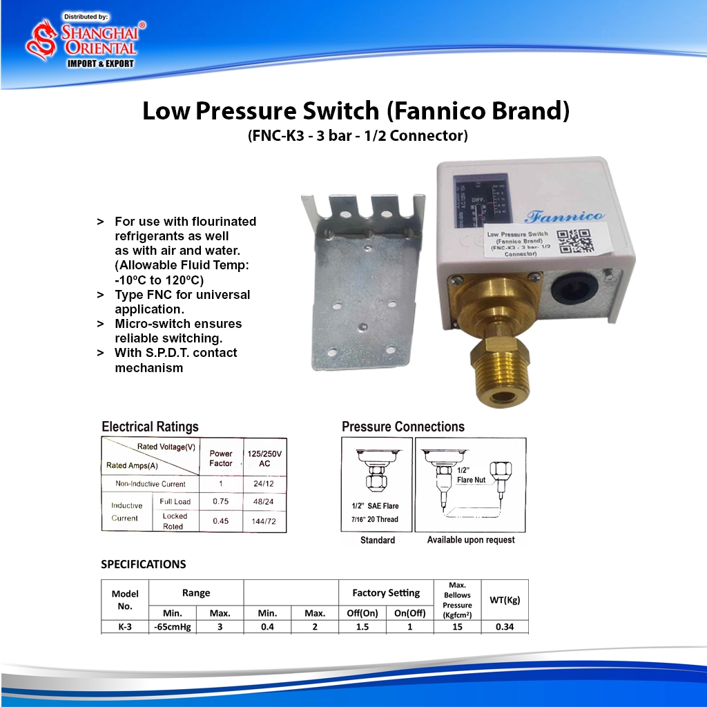 Low Pressure Switch (Fannico Brand) (FNC-K3 - 3 bar- 1/2 Connector ...