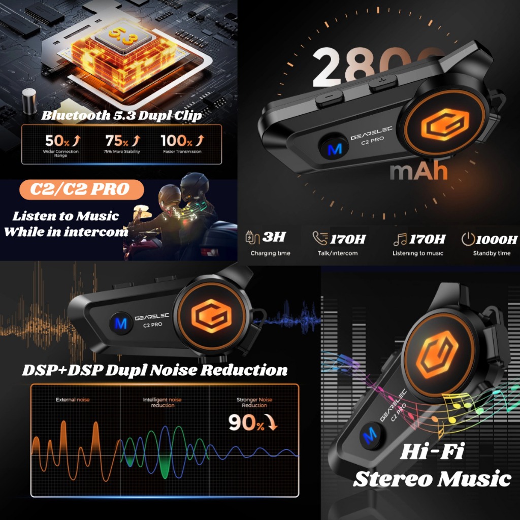 GEARELEC C2 Motorcycle Helmet Intercom Headset For 2 Riders For Talk ...