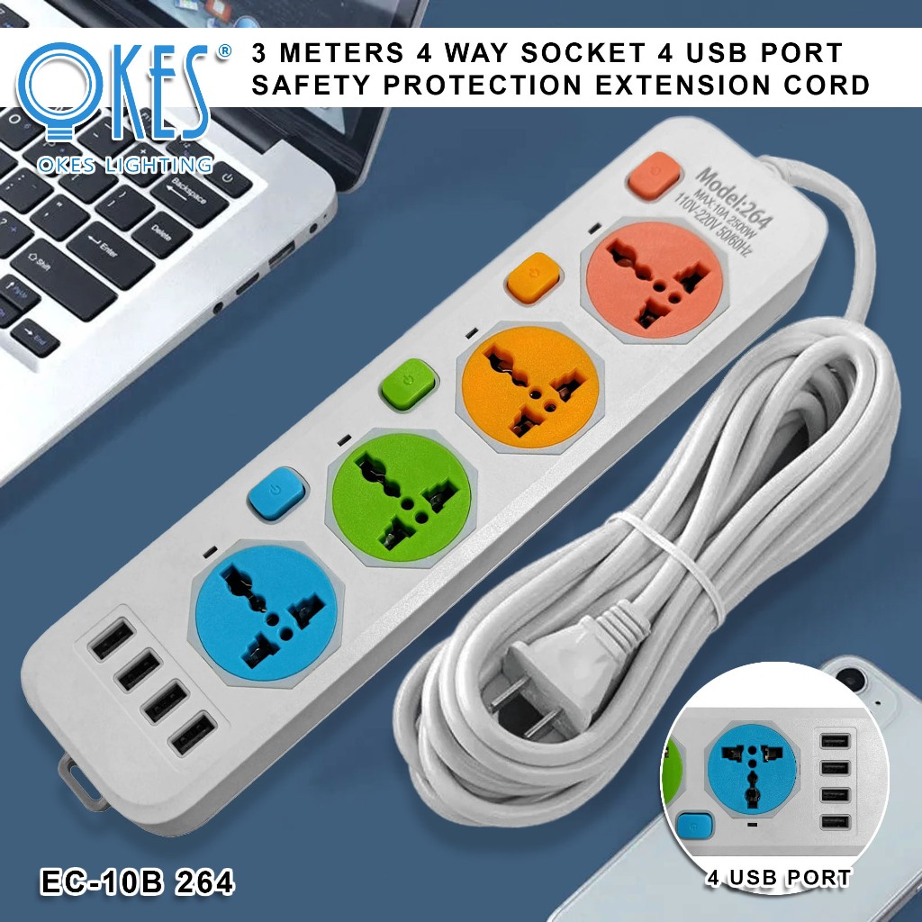 OKES 3 Meters Multi-Function Socket Extension Outlet with 4 Power Socket and 4 USB Ports ...