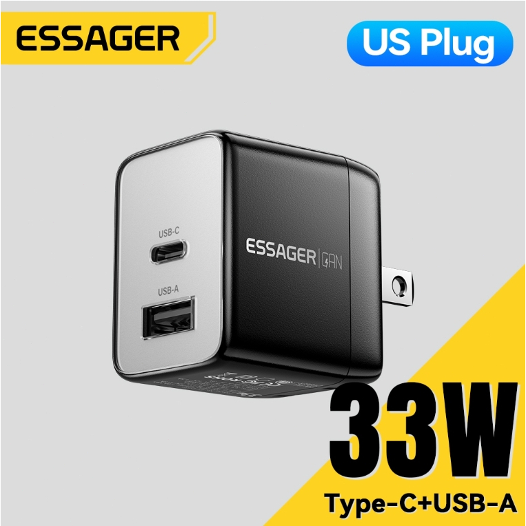 Essager Gan charger 33W USB + Type C fast Charger |travel charger 2 port fast adapter Charger ...